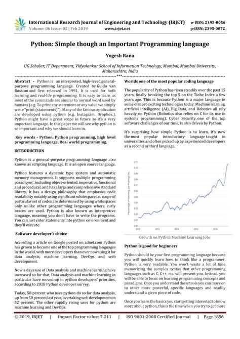 Irjet Python Simple Though An Important Programming Language Pdf