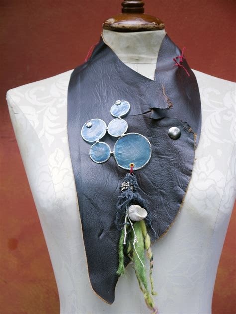Bubbles And Shells Bohemian Leather Bib Necklace With Pewter Branch