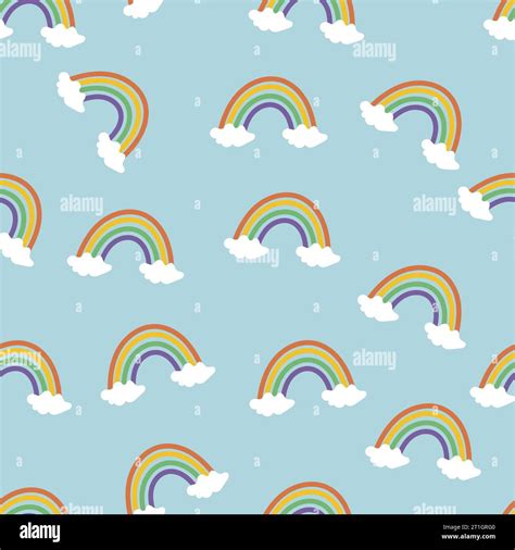 Seamless Rainbow Cloud Pattern With Sky Blue Background Seamless