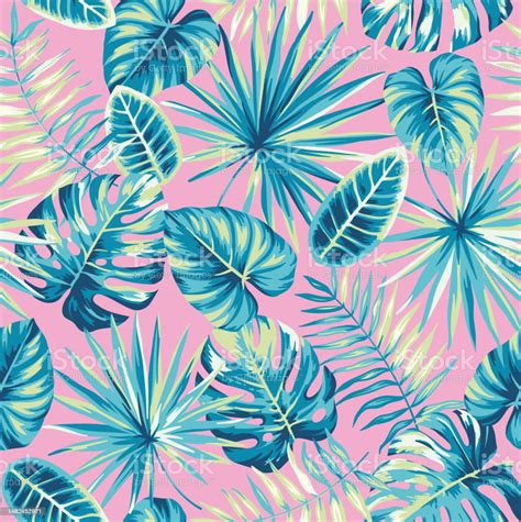 ヤシの葉を持つ熱帯のシームレスな模様ベクター植物イラスト青とピンクの色 やしの葉のベクターアート素材や画像を多数ご用意 やしの葉