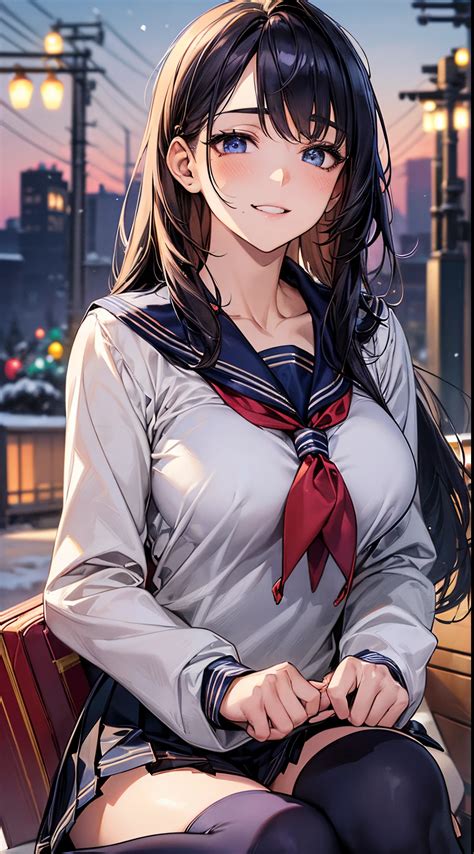 Anime Girl Sitting On A Bench In A City At Night Seaart Ai