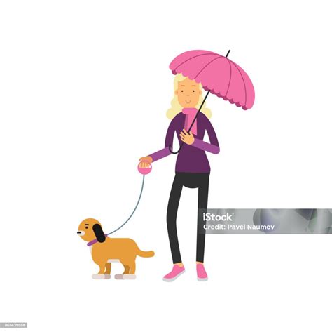 젊은 금발의 여 자가 강아지 우산 벡터 일러스트 레이 션 밑으로 개에 대한 스톡 벡터 아트 및 기타 이미지 개 개 산책 귀여운 Istock