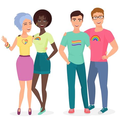 Jovens Gays E Lésbicas Casais Juntos Vetor Premium