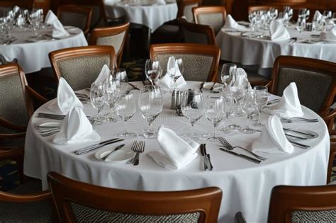 There Is Elegance In Arranging Tables And Chairs In A Large Banquet Hall With A Significant