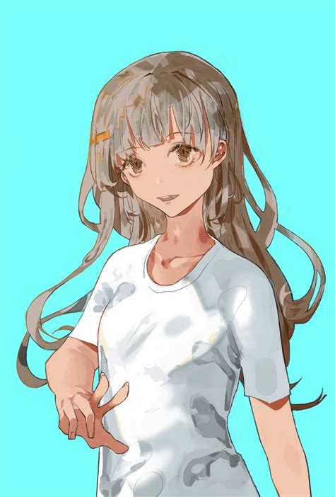 Safebooru 1girl Bangs Blue Background Brown Eyes Brown Hair