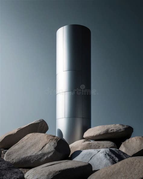 Futuristic Cylindrical Structure Display With Natural Rocks And