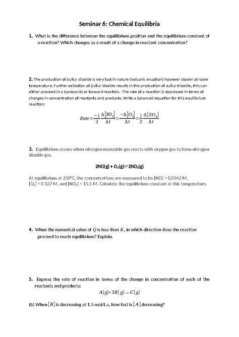Chemistry Seminar 6 Equilibrium Seminar 6 Chemical Equilibria What Is The Difference Between