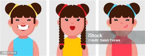 공간 롤빵 헤어 스타일을 가진 행복 한 미소 짓는 여자의 평면 초상화 세트 다양한 포즈와 의상 프로필 사진 벡터 일러스트 레이