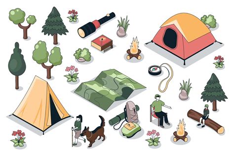 Hiking 3d Isometric Mega Set Collection Flat Isometry Elements And People Of Camping Tents