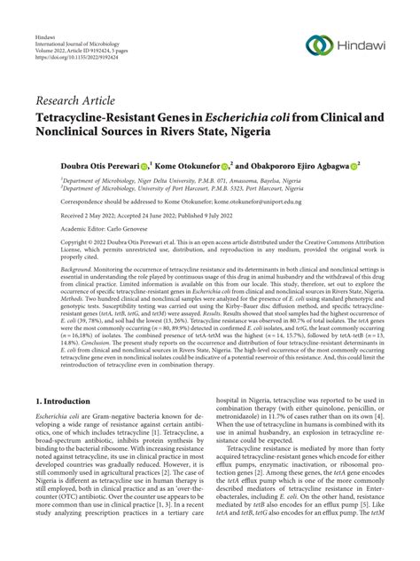 Pdf Tetracycline Resistant Genes In Escherichia Coli From Clinical And Nonclinical Sources In