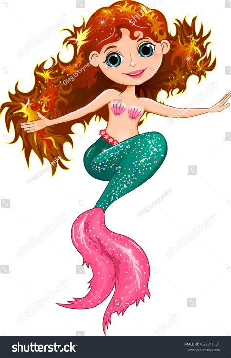 Little Beautiful Mermaid Red Hair On Stock Vector Royalty Free
