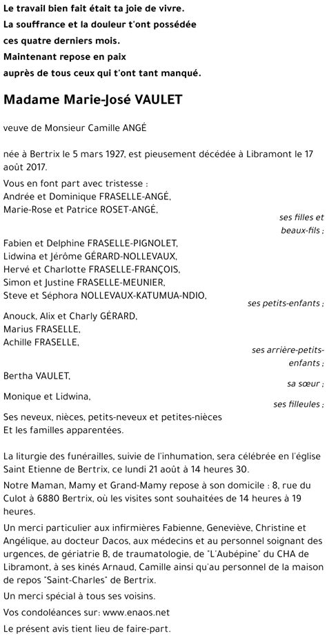 Avis De Décès De Marie José Vaulet Décédé Le 17 08 2017 à Libramont Chevigny Annonce