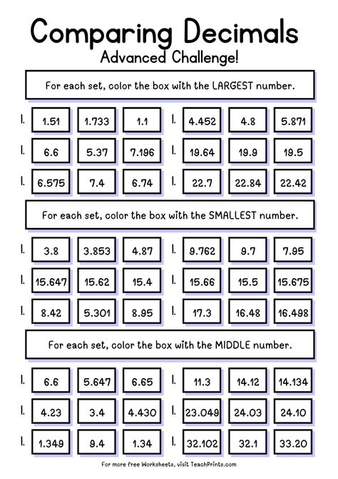 Free Comparing Decimals Worksheets Teach Prints