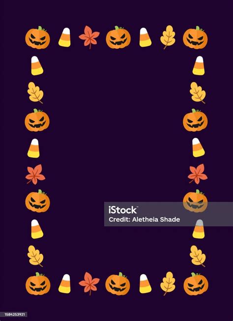 귀여운 수직 직사각형 할로윈 프레임 테두리 디자인에는 잭 오 랜턴 호박 사탕 옥수수가 있습니다 소셜 미디어 배너 포스트 벡터 그림입니다 10월에 대한 스톡 벡터 아트 및