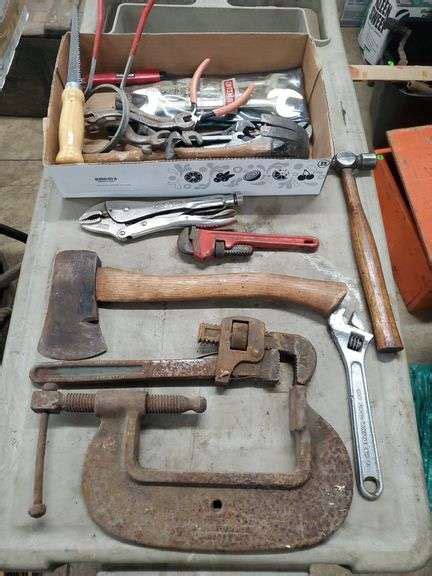 Assorted Tools Pipe Wrenches Vice Grip Hatchet C Clamp Hammers