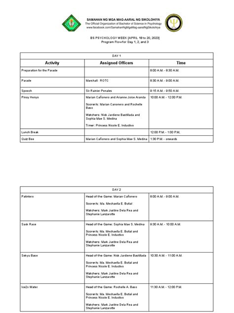Psych Week Program Flow Pdf