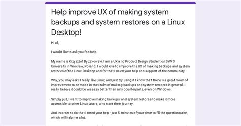 help improving ux of making system backups and restore on linux desktop