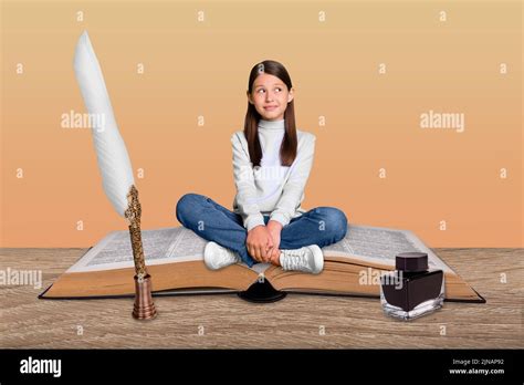 Creative Collage Image Of Small Clever Girl Sit Big Opened Book Brainstorming Feather Ink Pen