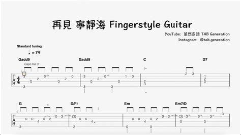 再見寧靜海 陳卓賢 Fingerstyle Guitar Tab 結他指彈獨奏譜 Youtube