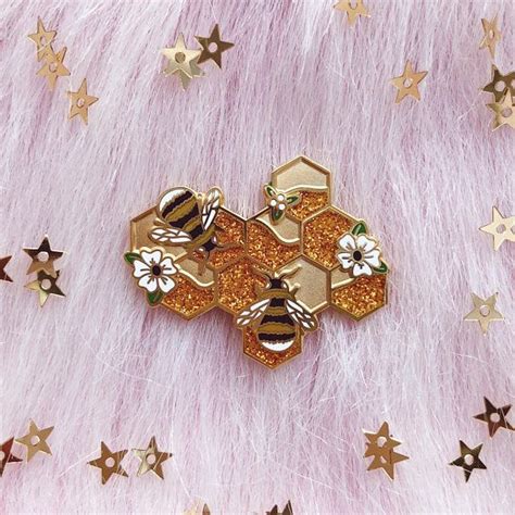 Honeycomb Hard Enamel Pin Floral Glitter Honey Bee Gold Finish Lapel