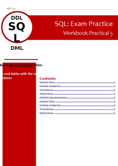 exam practice sql workbook 1 [2020] 1 p a g e ddl sq l dml sql