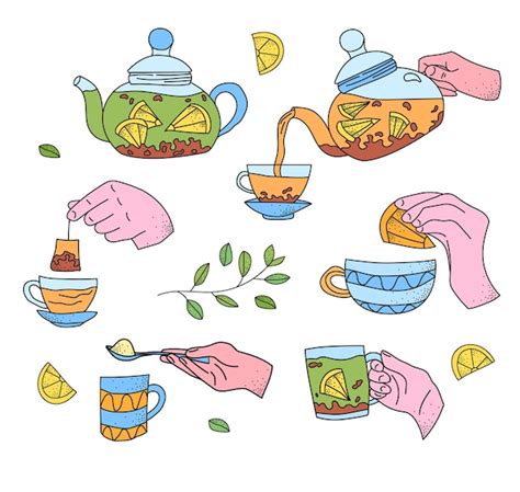 Premium Vector Set Hand Holding Cup Of Tea Spoon With Sugar Teapot