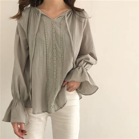 Buy Cotton Bell Sleeve Shirt Blouses With Tie Neck
