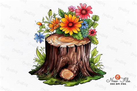 Flowers On Tree Stump Watercolor Clipart Graphic By Crafticy Creative Fabrica