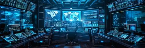 Futuristic Control Room Global Surveillance A futuristic control room with multiple screens ...