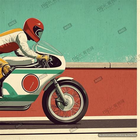 ai创作图骑行墙绘 70年代插画 滑步车插画 波普风插画 欧美国外插画 70年代风格 波普风设计 红绿复古配色 骑摩托卡通人物 60年代风格