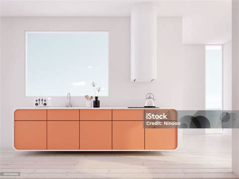 나무 바닥 베이지 색 찬장 부엌 장비 세트와 싱크대 외부 창과 바다 전망 근처 현대 흰색 부엌3d 렌더링 부엌에 대한 스톡 사진 및 기타 이미지 Istock