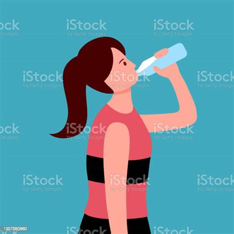 평평한 디자인으로 운동 한 후 병에서 물을 마시는 여성 목이 마르고 탈수 더 많은 물 캠페인을 마시세요 건강한 생활방식에 대한