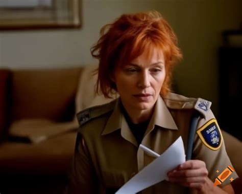 Innocent Female Police Officer With Ginger Hair Taking Notes At Crime