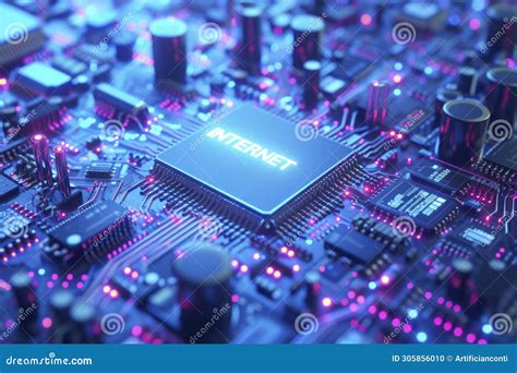 Computer Chip Circuits Internet Word At Center Stock Illustration