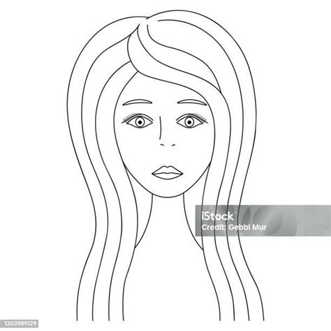 여자 얼굴 스케치 소녀는 얼굴 전체를 머리 벡터 그림입니다 긴 머리를 가진 좋은 여자 검은 눈썹과 속눈썹 깔끔한 스폰지 신비한 여성 초상화 격리된 배경의 윤곽선입니다 컬러링