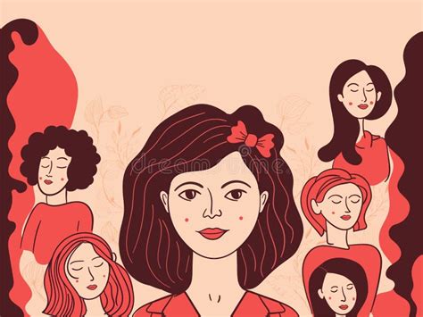Group Of Young Women Characters On Peach Background Stock Illustration