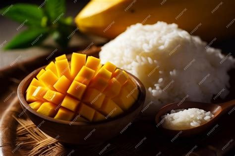 Premium Ai Image Close Up Of Khao Niaow Ma Muan Mango Sticky Rice On