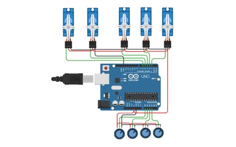 Circuit Design Multi Servo Controlled By Potentiometer Robotic Arm Tinkercad