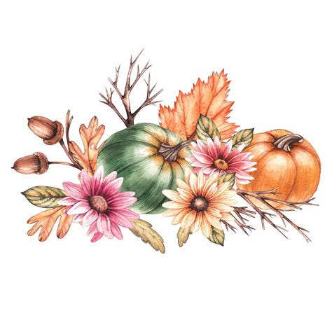 Premium Vector Watercolor Pumpkin With Flowers And Dry Leaves