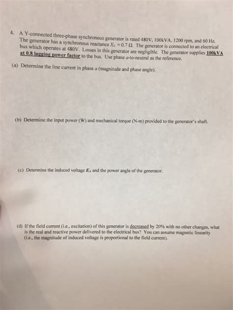 Solved A Y Connected Three Phase Synchronous Generator Is Chegg