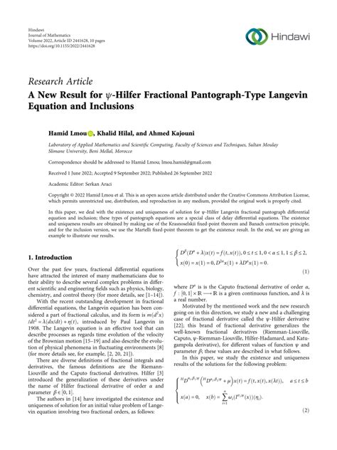 Pdf A New Result For ψ Hilfer Fractional Pantograph Type Langevin Equation And Inclusions
