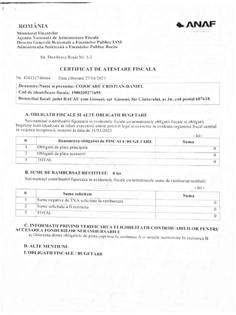 Acord Anaf Certificat Fiscal