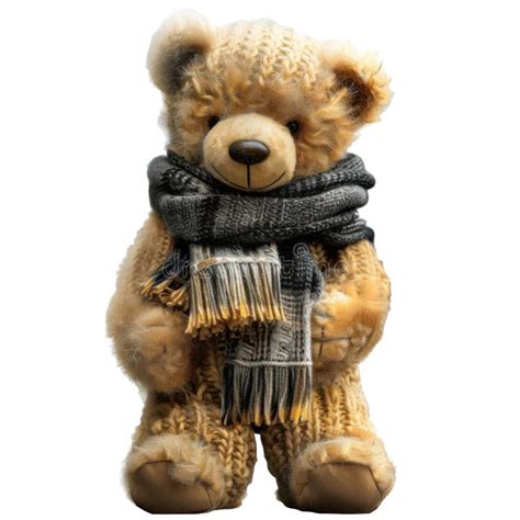 A Worn Brown Teddy Bear Wearing A Gray And Black Scarf Stock