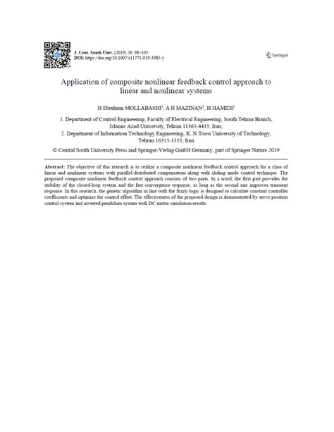 Pdf Application Of Composite Nonlinear Feedback Control Approach To Linear And Nonlinear Systems