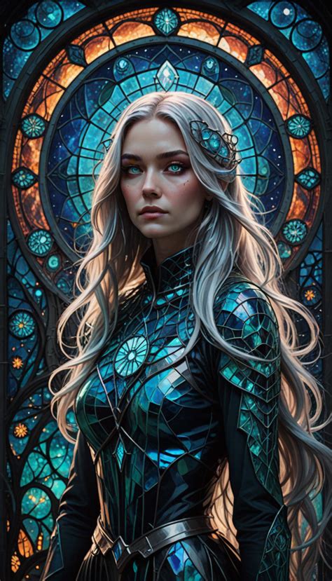 Stain Glass Mysterious Cosmic Lovecraftian Girl With Long Messy Silver