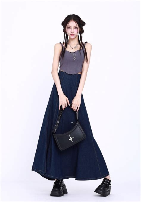 여성용 하이 웨이스트 A 라인 데님 스커트 다크 블루 여름 스트리트 스타일 캐주얼 루즈 단색 발목 길이 스커트 Aliexpress