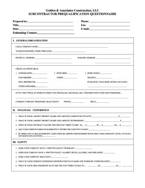 Fillable Online SUBCONTRACTOR PREQUALIFICATION QUESTIONNAIRE Docx Fax