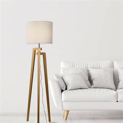 Lund Timber Floor Lamp With White Cotton Shade By Lighting Superstore