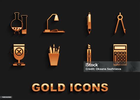 연필 케이스 문구 그리기 나침반 계산기 문구 칼 수상 컵 테스트 튜브 및 플라스크 화학 실험실 테스트 및 테이블 램프가 있는 작업장을 엽니다 벡터 검은색에 대한 스톡 벡터