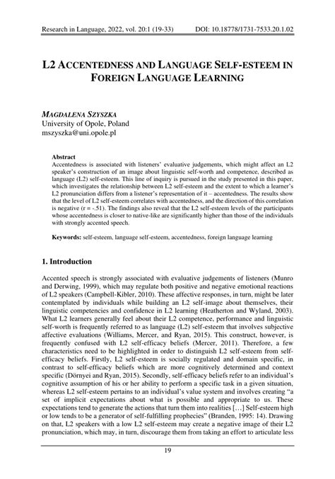 pdf l2 accentedness and language self esteem in foreign language learning